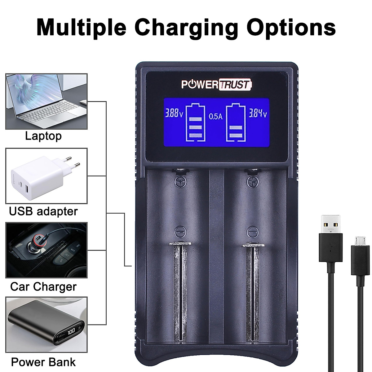 PowerTrust Smart Charger,LCD Universal Intelligent USB Dual Battery Charger for Rechargeable Li-ion Batteries 18650 26650 22650 18490 18350 17670 17500 16340 RCR123 14500, Ni-MH Ni-Cd A AA AAA C