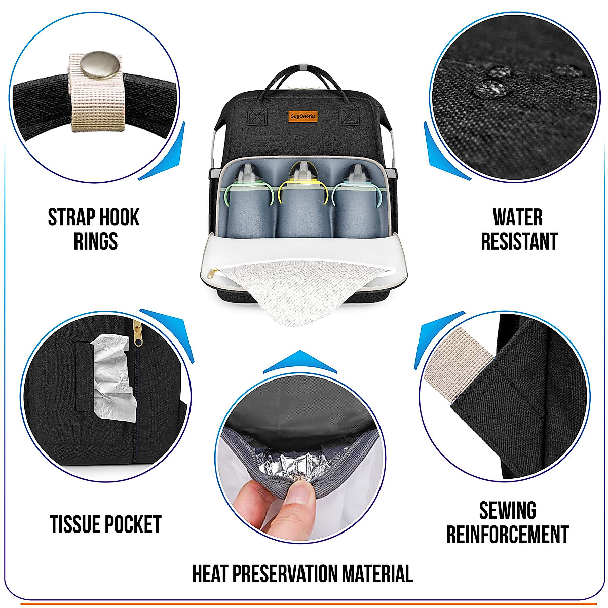 Baby Diaper Bag Backpack with Portable Changing Pad - Multifunction Diaper Backpack with USB Charging Port - Stroller Straps, Large Capacity and Waterproof Unisex Baby Bag (Black)