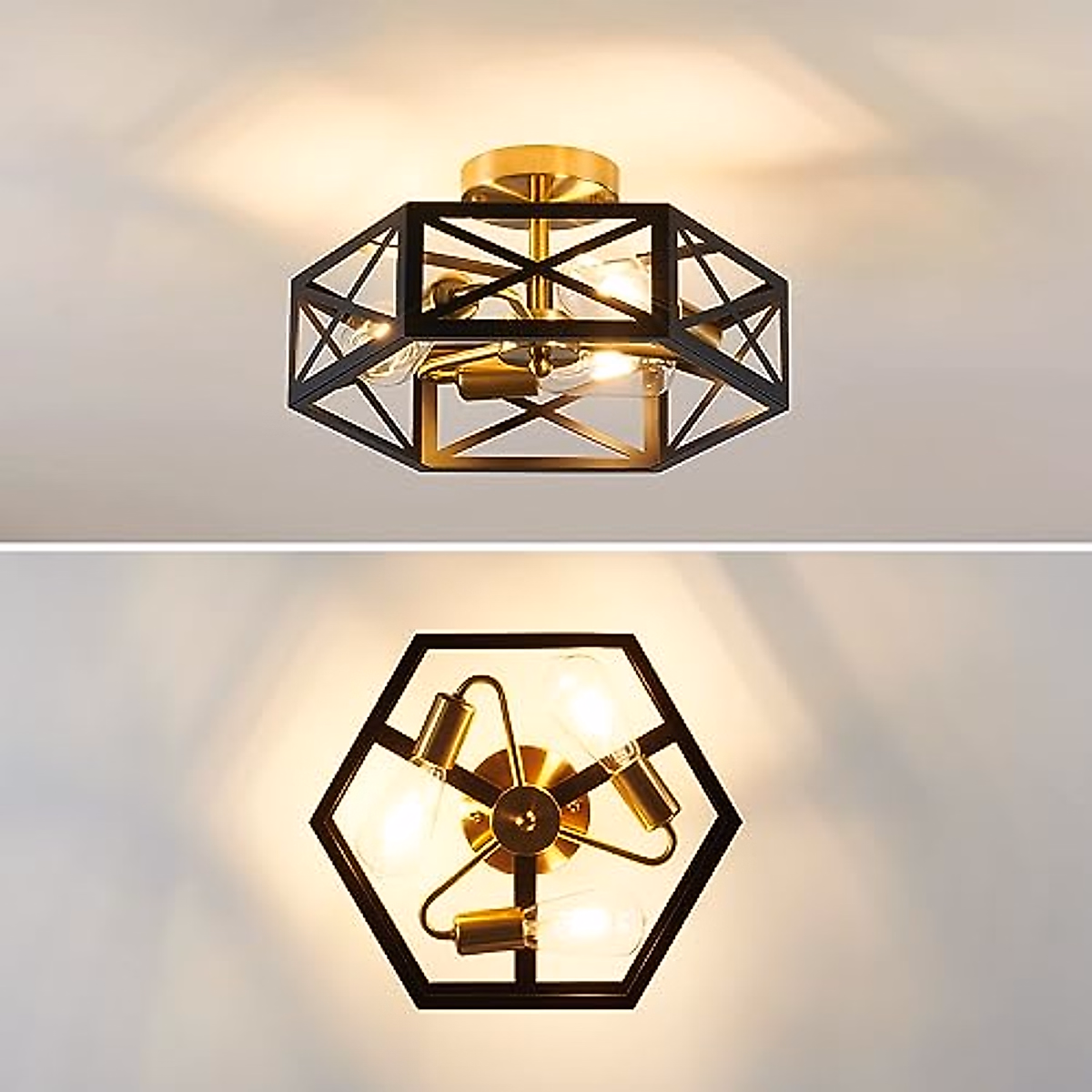 XSDeTu Modern Flush Mount Ceiling Light, 3-Light Black Gold Hallway Light Fixtures Ceiling Mount, Industrial Close to Ceiling Light with Metal Hexagon Cage Ceiling Lamp for Kitchen