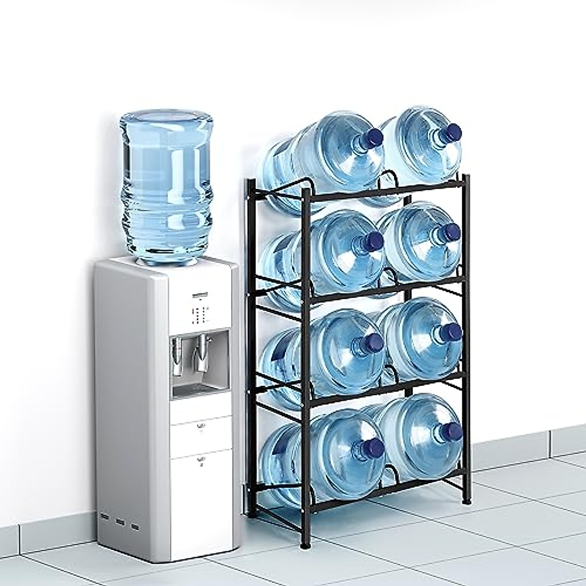 5 Gallon Water Bottle Holder, 4 Tier Water Jug Rack, Water Cooler Jug Rack for 5 Gal Water Bottle, Water Jug Dispenser Stand,Heavy Duty 5 Gallon Water Jug Stand for 8 Bottles with Lifter(4 Tier,Black)
