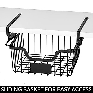 mDesign Wire Under Shelf Organizer for Cabinet - Sliding Basket for Under Cabinet Shelf - Hanging Storage Organizer Rack for Kitchen and Pantry with Label Space - Carson Collection - Matte Black