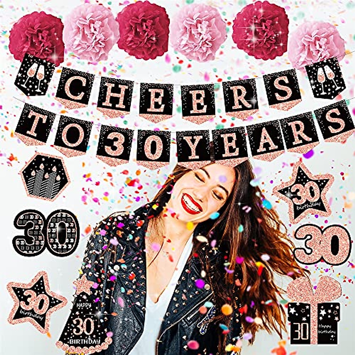 30th birthday decorations for her - (21pack) cheers to 30 years rose gold glitter banner for her, 6 paper Poms, 6 Hanging Swirl, 7 decorations stickers. 30 Years Old Party Supplies gifts for women