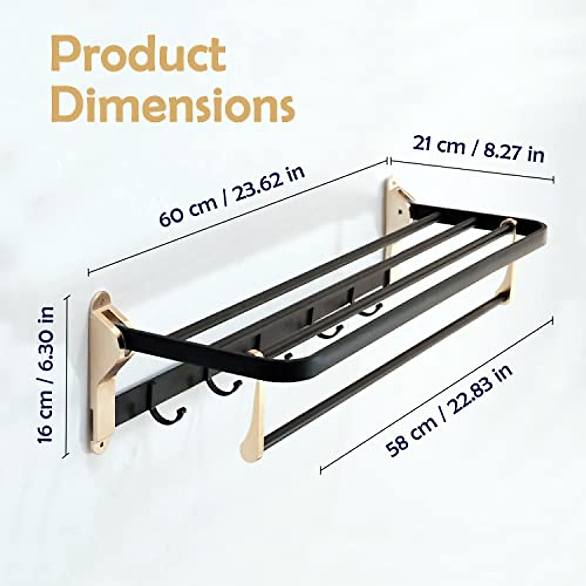 ROZZWILD Towel Rack Wall Mounted 24 Inch Adhesive No Drill Towel Storage Shelf with 5 Hooks for Bathroom Aluminum Alloy Rustproof Matte Black Gold