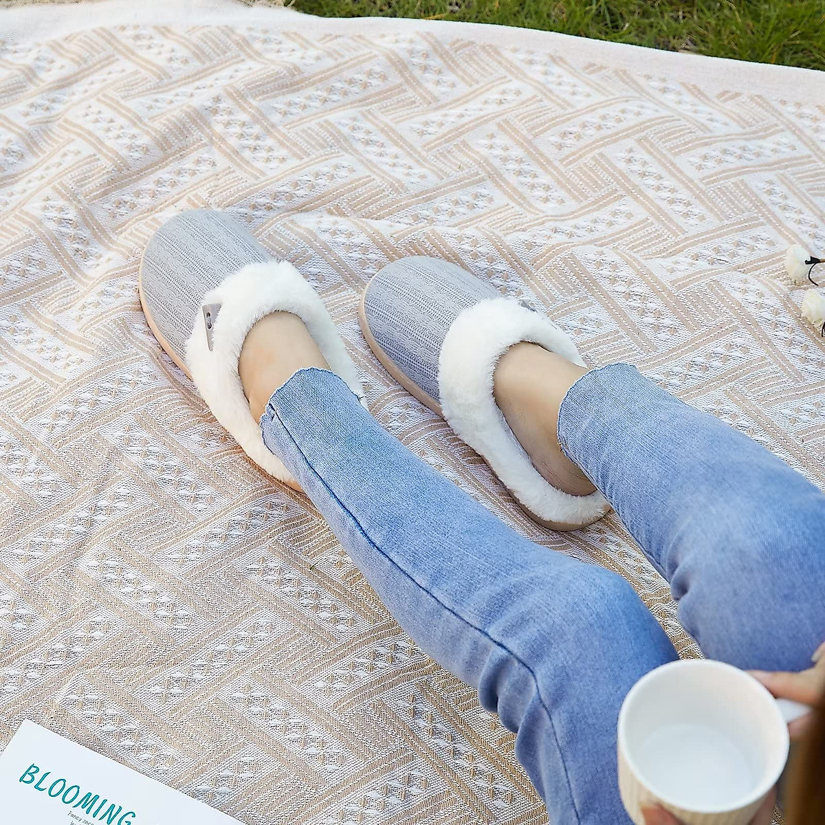 NineCiFun Women's Slip on Fuzzy Slippers Memory Foam House Slippers Outdoor Indoor Warm Plush Bedroom Shoes Scuff with Faux Fur Lining size 7 8 light grey