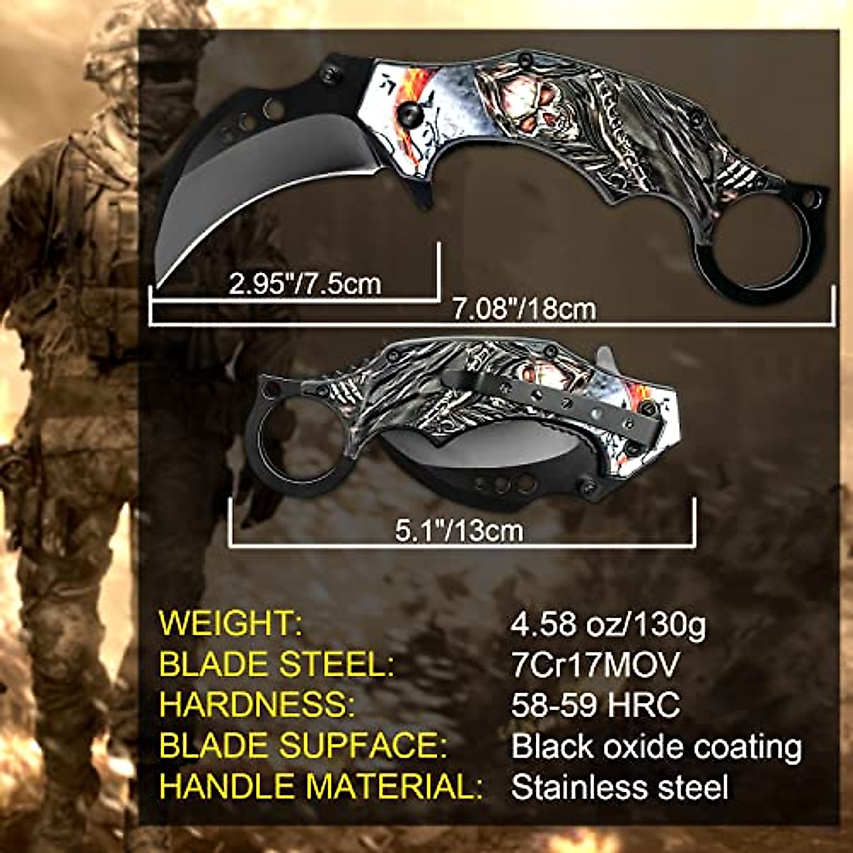 MADSABRE Skull Collection Folding Knife Cool EDC Tactical Pocket Knife with Clip - 7 Inch Camping Survival Knives Outdoor Hunting Hiking Tools, Christmas Gifts for Men, Husband (White)