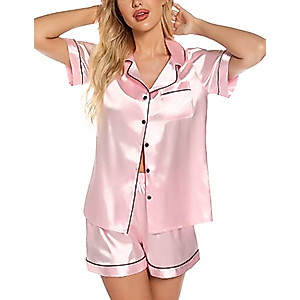 Pjmlifecoco Silk Satin Pajamas Women Short Sleeve Sleepwear Button Down Loungewear Soft Summer Pjs Shorts Set Pink