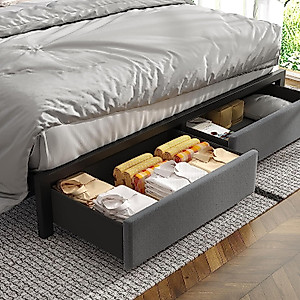 Fastroby LED Upholstered Queen Bed Frame with Storage Headboard, Drawers and Charging Station, Easy Assembly, No Box Spring Needed