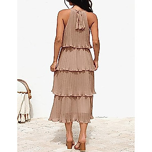 ZESICA Women's 2023 Summer Sleeveless Halter Neck Ruffle Tiered Layed Chiffon Flowy Swing Long Midi Dress,Khaki,Large