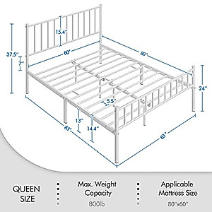 Yaheetech 14 Inch Queen Size Bed Frame Metal Platform Bed with Spindle Headboard Footboard/Mattress Foundation/No Box Spring Needed/Underbed Storage Space/Steel Slat Support/Easy Set up, White