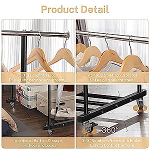 VICERII Double Clothing Rack, Heavy Duty Clothes Rack with Wheels and Extra Wide Bottom Shelf, 52.36’’ Garment Racks for Hanging Clothes, Coats, Shirts, Skirts, Dresses, 130LB Capacity, Black