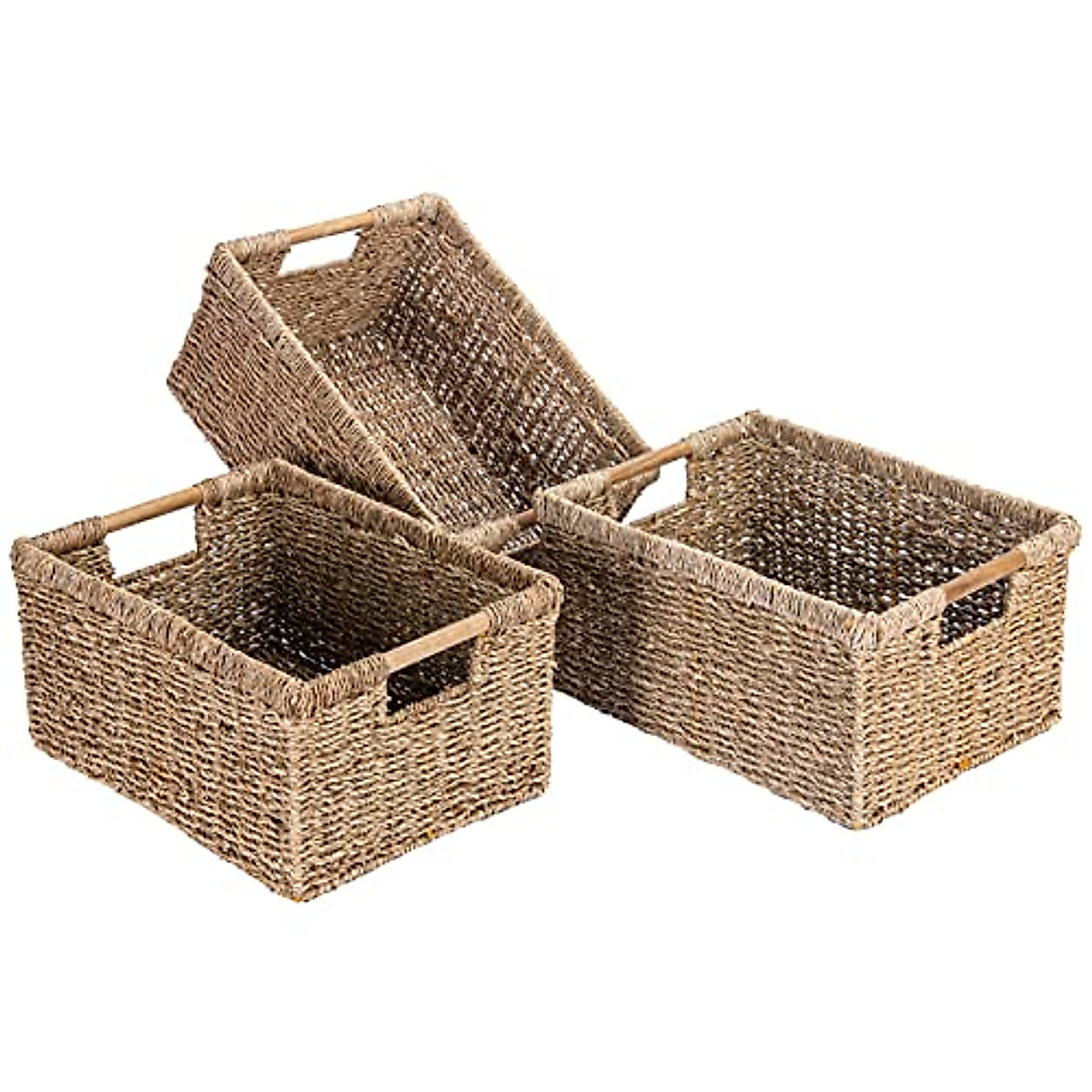 Large Wicker Basket Rectangular with Wooden Handles for Shelves, Seagrass Basket Storage, Natural Baskets for Organizing, Wicker Baskets for Storage - 3 Pack Large