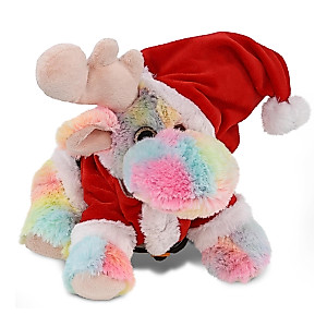DolliBu Santa Rainbow Floppy Moose Stuffed Animal Plush Toy - Super Soft Dress Up with Red Santa Claus Outfit, Cute Moose Gift Perfect Holiday with Name Personalization - 9 Inches