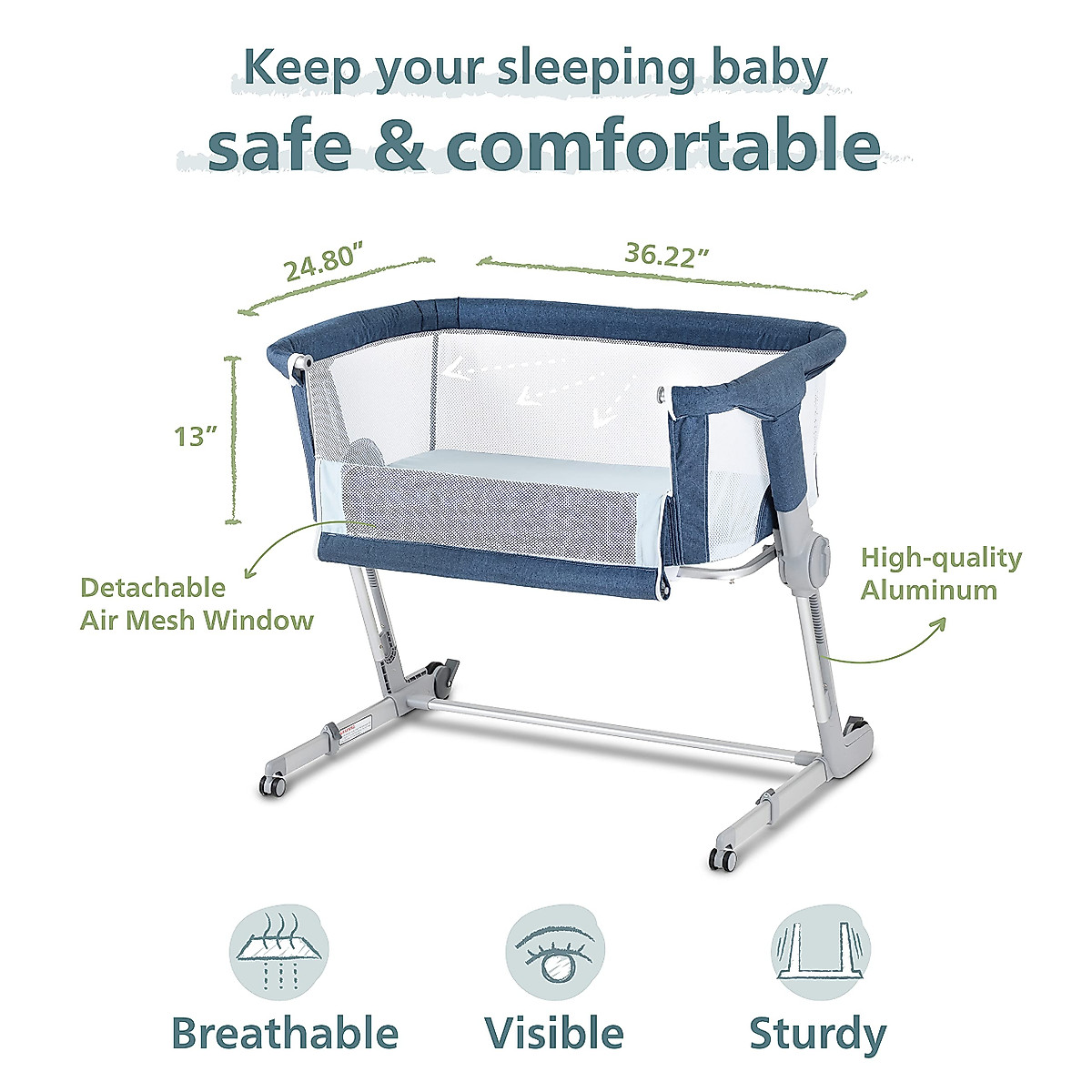 Unilove Hug Me Plus 3-in-1 Baby Bassinet, Bedside Sleeper, Travel Bassinet for Newborn, Airflow Blue