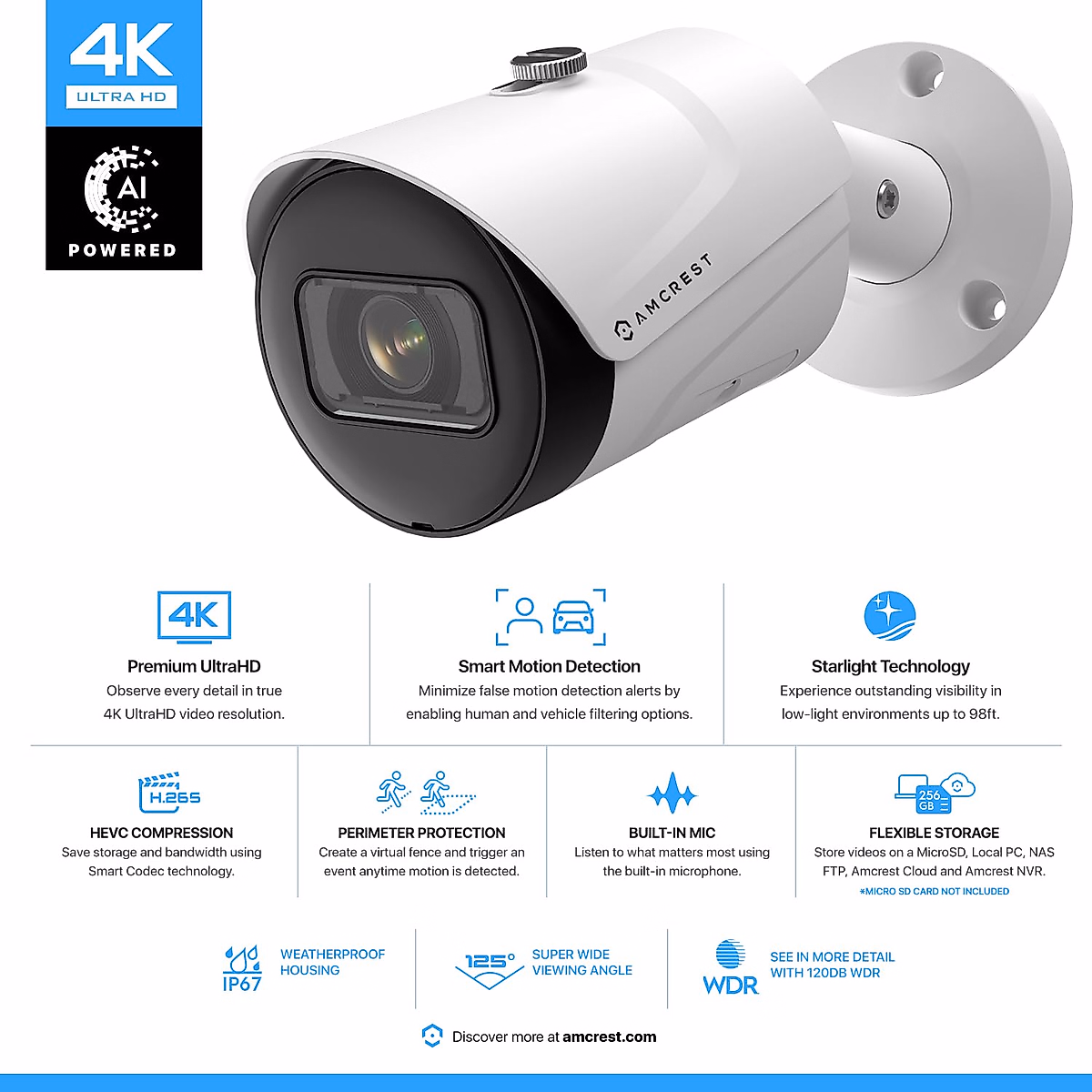 Amcrest UltraHD 4K (8MP) Outdoor Bullet POE IP Camera, 3840x2160, 98ft NightVision, 2.8mm Lens, IP67 Weatherproof, MicroSD Recording, White (IP8M-2496EW-V2)