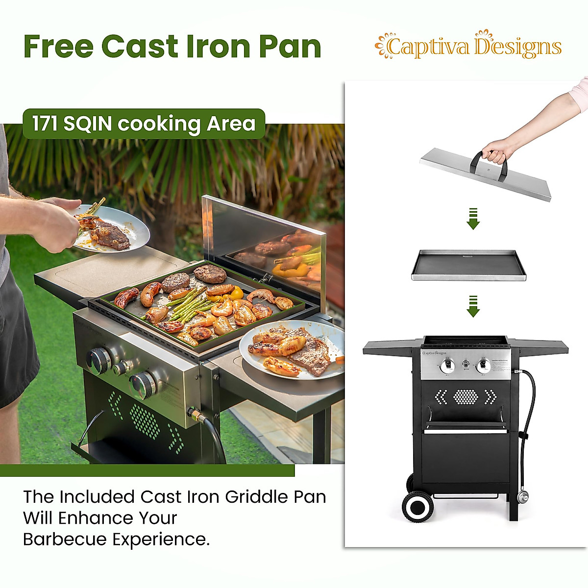 Captiva Designs 2-Burner Propane Gas BBQ Grill with Cast Iron Griddle Pan, 20,000 BTU Output Small Barbecue Grill for Outdoor, Patio, Backyard and Balcony