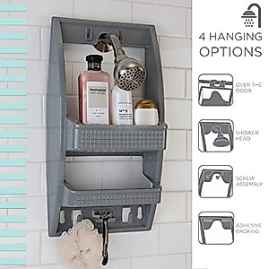 Bath Bliss Multi Hanging Option Shower Caddy | Over the Showerhead | Adhesive Backing | Screw Mount | Organizer | Large Shampoo & Conditioner Bottle Holders | Razor & Loofah Hooks | Grey