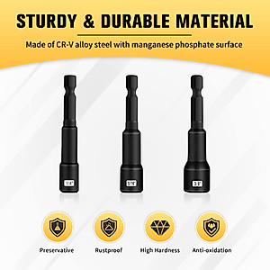 BOEN 1/4 inch Magnetic Nut Driver Set, 3 Piece Impact Drill Driver Bit Set, Size 1/4", 5/16", 3/8", Quick-Change Hex Shank SAE Nut Driver, Cr-V Steel, Black Manganese Phosphate Coating