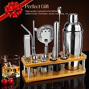 Mixology Bartender kit,16-Piece Silver Bartender Kit with Stand, 25oz Bar Set Cocktail Shaker Set, Professional Stainless Steel Bartending Kit for Home, Bar, Party