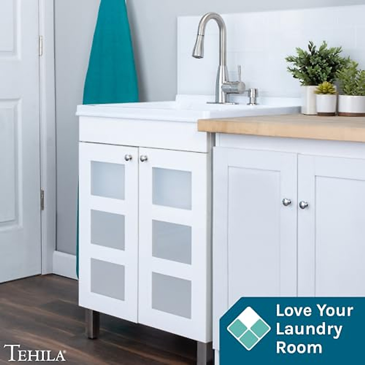 White Utility Sink in White Vanity, Stainless Steel Pull-Down Sprayer Faucet, Soap Dispenser and Spacious Cabinet by JS Jackson Supplies for Garage, Basement, Shop and Laundry Room