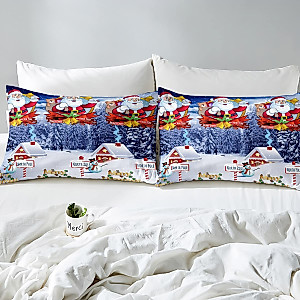 Feelyou Kids Christmas Theme Sheet Set Xmas Santa Claus Pine Bed Sheets for Boys Girls Merry Christmas Bed Set Galaxy Blue Decor Sheets Bedroom Collection 4Pcs Queen Size