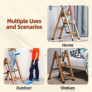2 Step Ladder Folding Step Stool with Anti-Slip Sturdy and Wide Pedal, Lightweight 330lbs Portable Aluminum Woodgrain Shelf for Household and Kitchen Space Saving