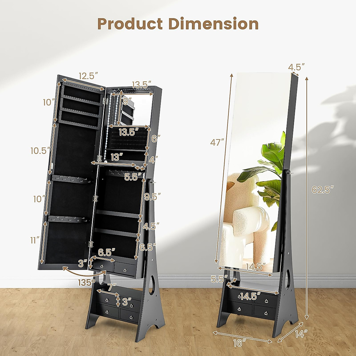 LOKO Freestanding Jewelry Cabinet with LED Light Strip, Lockable Jewelry Armoire w/ 3 Adjustable Angle, Foldable Organizer Storage w/High Full Length Mirror for cloakroom bedroom living room (Black)