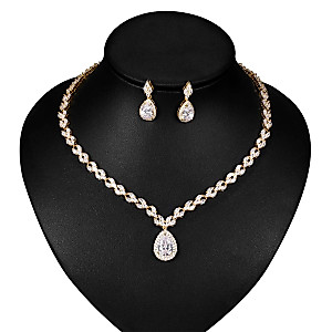 WeimanJewelry Silver/Gold Plated Women Cubic Zirconia CZ Marquise Teardrop Bridal Tennis Necklace and Drop Earring Set for Wedding Brides (Gold)