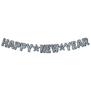 Glittered Happy New Year Streamer (black & silver) Party Accessory (1 count) (1/Pkg)