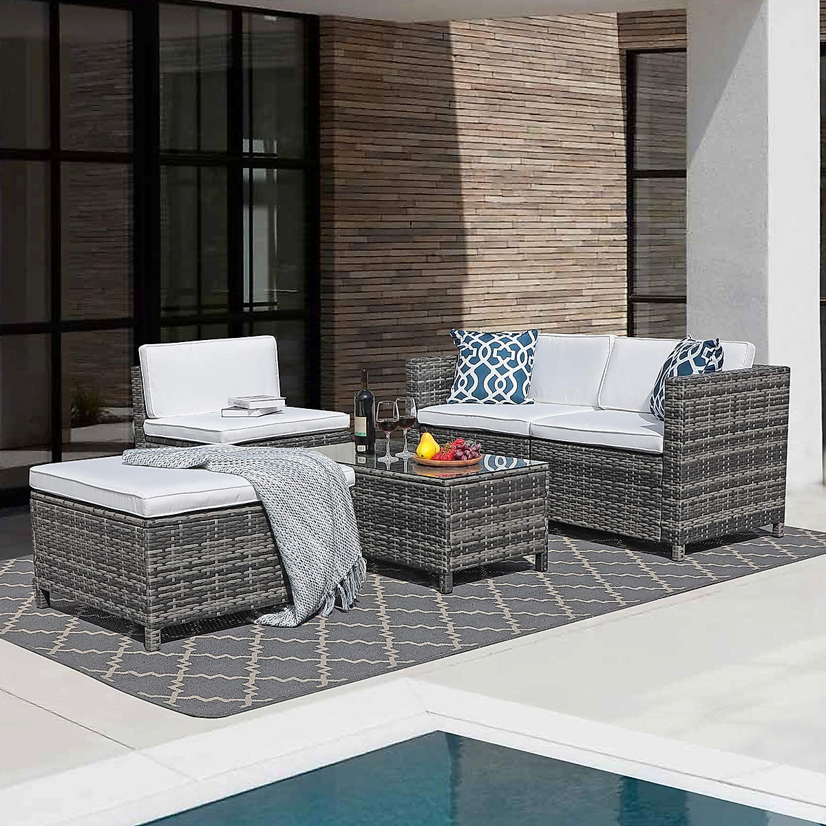 JOIVI Patio Furniture Sets, 5 Pieces All-Weather Outdoor Sectional Sofa Grey Wicker Rattan Patio Conversation Set with Ottoman, Washable White Cushions and 2 Blue Pillows