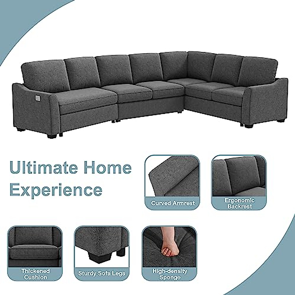 P PURLOVE Sectional Sofa for Living Room, Sectional Sleeper Sofa with Pull-Out Bed, Modern Couch with USB Charging Port, Upholstered L-Shaped Sofa Couch for Bedroom, Large Space(Gray)