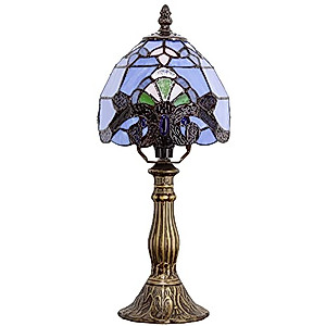 RHLAMPS Small Tiffany Lamp Mini Accent Table Lamp Blue Stained Glass Baroque Style Desk Memory Lamp Sympathy 6X14.6 Inch