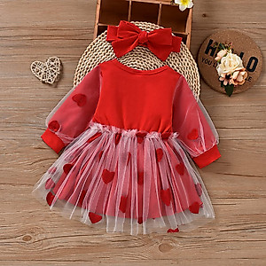 Infant Girls Dresses Double Tulle Long Sleeves Dresses+Bow Headband 3D Heart Applique Valentines Day Baby Clothes (Red Dress,3-6 Months)