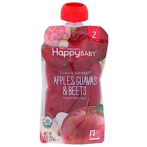 Happy Baby Organics Stage 2 Baby Food Pouches, Gluten Free, Vegan & Healthy Snack, Clearly Crafted Fruit & Veggie Puree, Apples Guavas & Beets, 4 Ounces (Pack of 8)