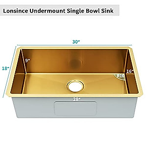 Lonsince Undermount Kitchen Sink 30 X 18 inch,Single Bowl Kitchen Sink Undermount,Gold Kitchen Sink,Undermount Stainless Steel Kitchen Sink