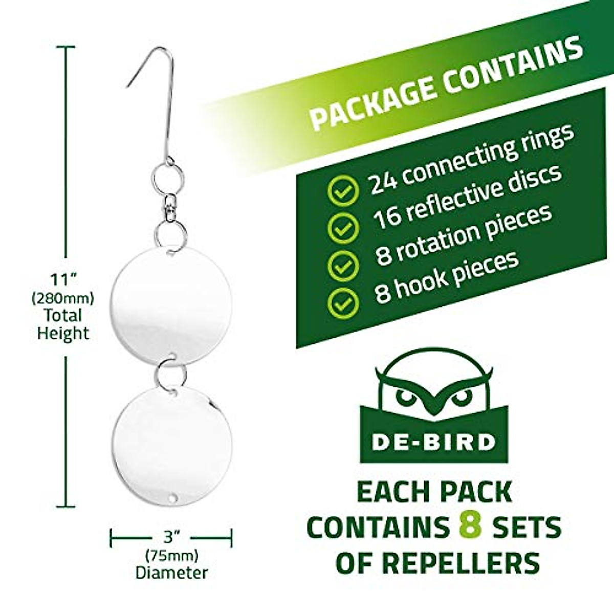 De-Bird Bundle Includes: 8 pk Reflective Repellent Disks & Heavy Duty Bird Netting to Keep Away Woodpecker, Pigeons, and Protect Plants & Fruit Trees