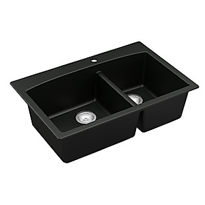 Karran QT-711 Drop-In Quartz Composite 33 in. 1-Hole 60/40 Double Bowl Kitchen Sink Kit in Black