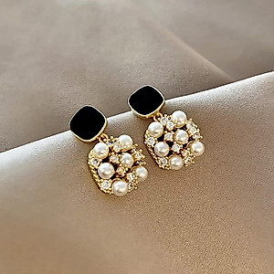 AYNN 18k Gold Plated Black Square Cubic Zircon Pearl Drop Dangle Earring Jewelry Hypoallergenic