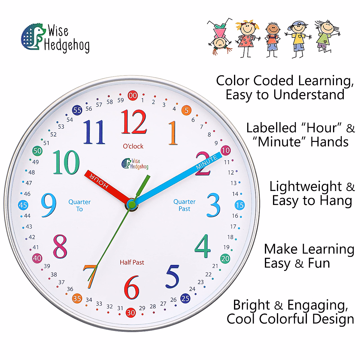 WISE HEDGEHOG Learning Clock for Kids, Silent Non Ticking, Telling Time Teaching Clock, Kids Room Wall Decor for Bedrooms, Analog Kids Clock for Teaching Time, Kids Learn to Tell Time Easily