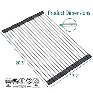 LIMNUO Roll Up Dish Drying Rack, SUS304 Over The Sink Roll-Up Dish Drying Rack Kitchen (XL-20.5''(W) 13.2''(L), Black)