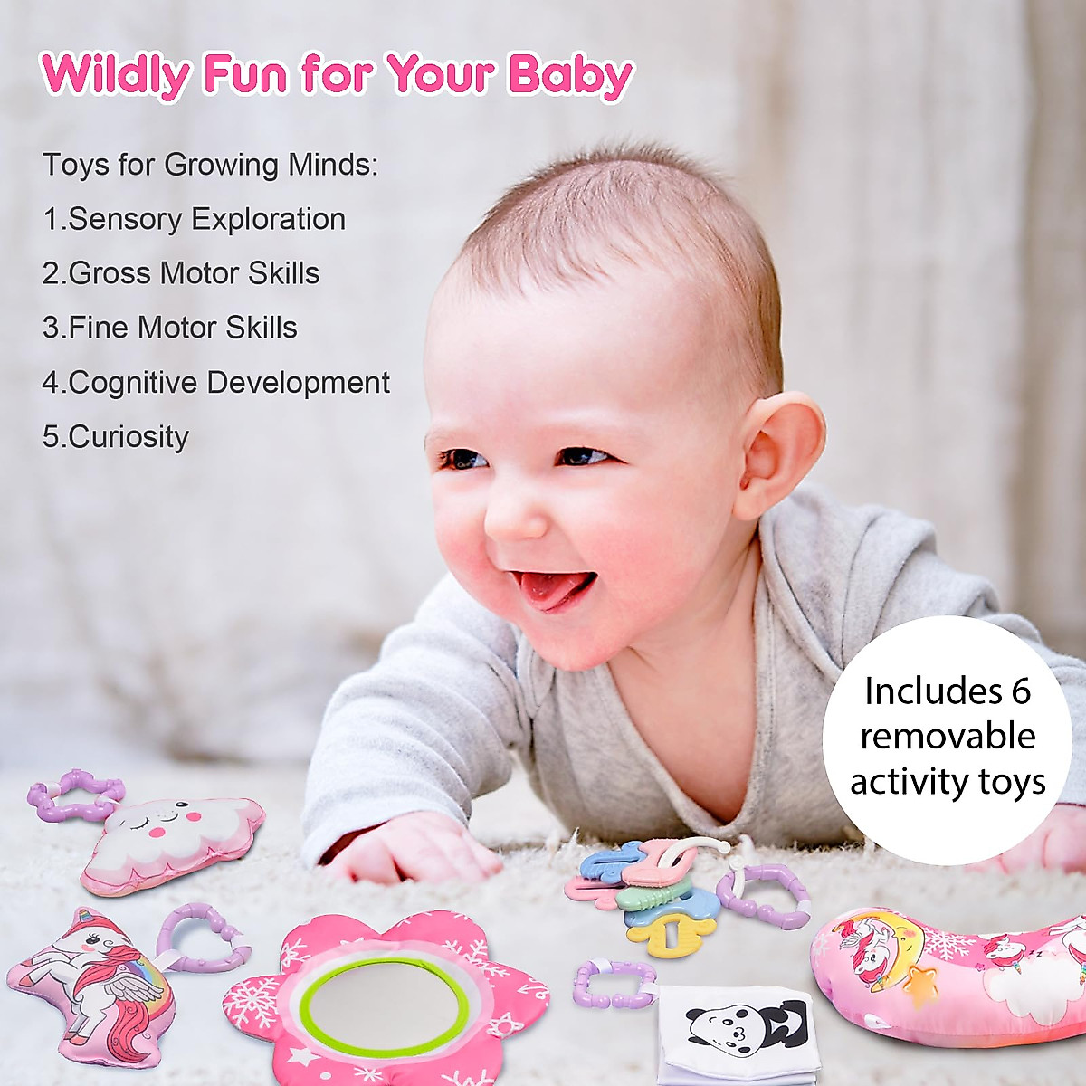 BATTOP Baby Activity Gym Play Mat,Tummy Time Mat Baby Gym with Sensory Rattle Toys&Tummy Time Pillow,for Sensory Motor Skill Development,Newborn Shower Gift