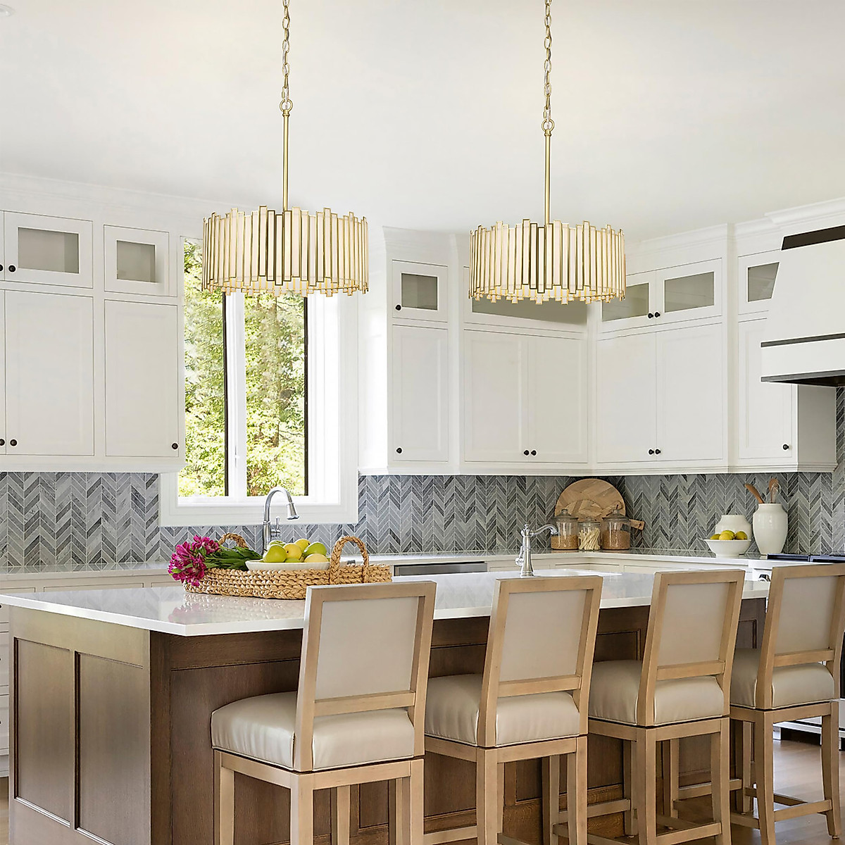 Wrlmfy Gold Drum Chandelier 4-Light, Modern Drum Pendant Lighting Fixture with Tiffany Glass Shade, 16” Round Ceiling Hanging Light for Bedroom Dining Room Kitchen Entryway Living Room (gold)