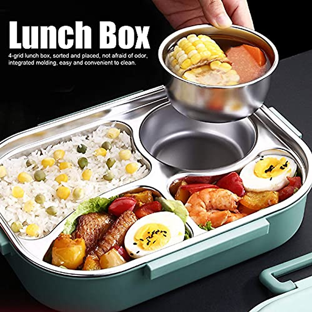 Raviga Stainless Steel Lunch Box 4 Compartments Portable Bento Box for Kids Student or Adult Food Storage Containers with Lids Airtight Soup Bowl & Tableware Large Capacity 50-oz(Green)