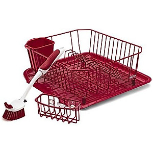 Rubbermaid Sink Set with Dish Drying Rack, Drainboard, Sponge Caddy, and Brush, Red, 4-Pieces