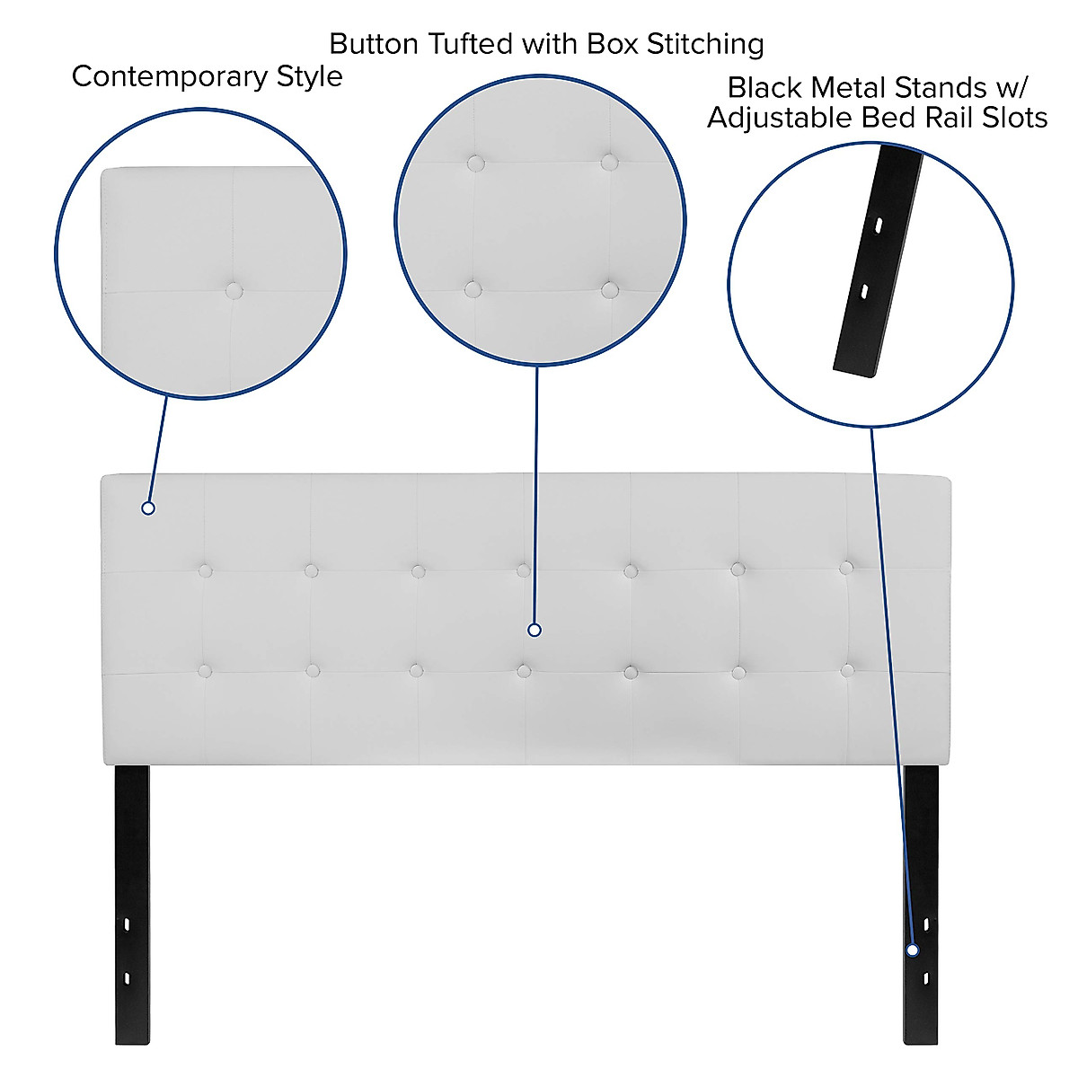 BizChair Button Tufted Upholstered Queen Size Headboard in White Vinyl