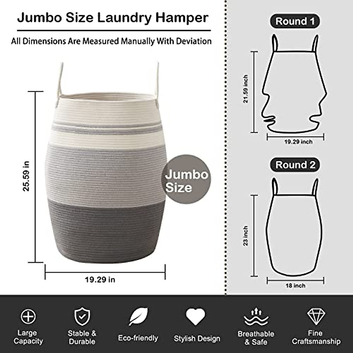 OIAHOMY Laundry Hamper Woven Rope Large Clothes Hamper 25.6" Height Tall Laundry Basket with Extended Handles for Storage Clothes Toys in Bedroom, Bathroom, Foldable (Dark Grey)