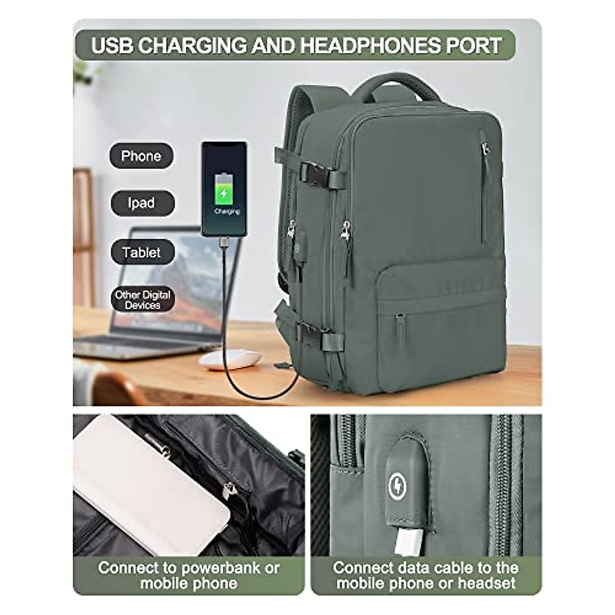 VGCUB Carry on Backpack,Large Travel Backpack for Women Men Airline Approved Gym Backpack Waterproof Business Laptop Daypack,Olive Green