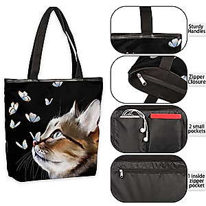 Cat Kitten Canvas Tote Bag for Women Reusable Grocery Bag with Zippered Top Butterfly Grocery Shopping Bags Beach Bag Book Bags Small