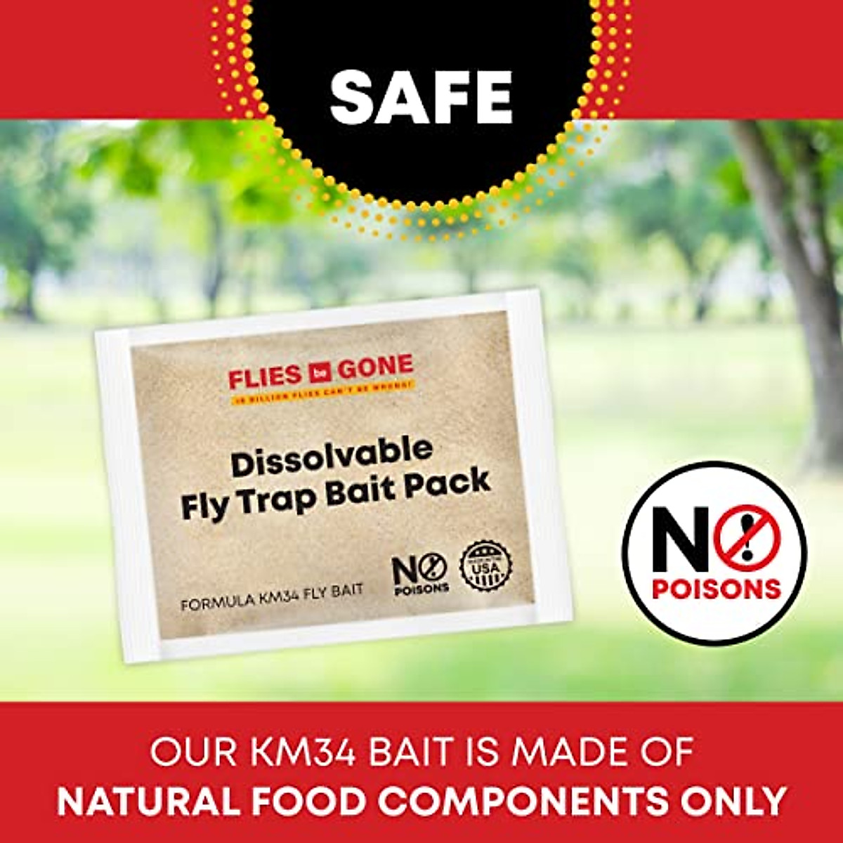 Flies Be Gone Fly Trap Refill Packs - 6 Original & Dissolvable KM34 Bait – All Natural Attractant Non Toxic - Replacement Pouches for All Reusable & Rechargeable Outdoor Fly Catchers - Made in USA