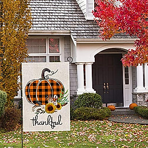 Thankful Pumpkin Garden Flag Vertical Double Sided Buffalo Plaid Burlap Fall Thanksgiving Rustic Farmhouse Yard Outdoor Decoration 12.5 x 18 Inch