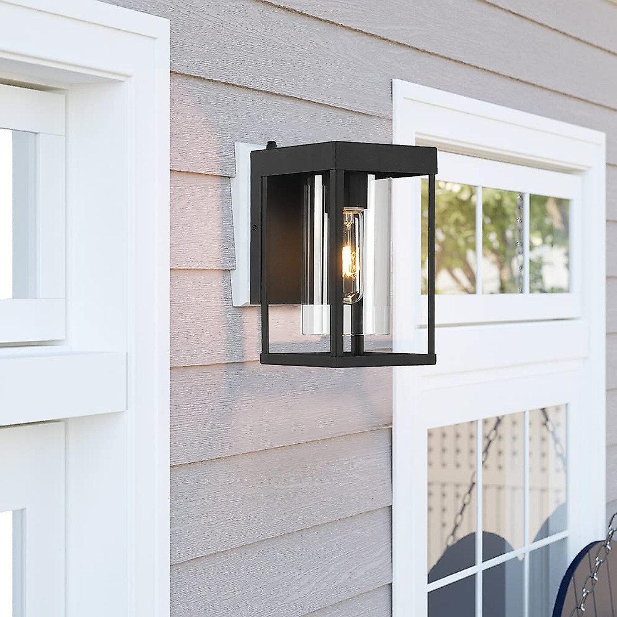 LAMPRESSION 2-Pack Black Outdoor Wall Light Fixtures, Dusk to Dawn Exterior Wall Lantern Sconce, 9" H Outdoor Porch Light Wall Mount with Clear Glass Shade